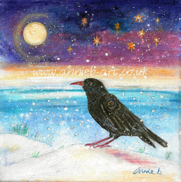 The Cornish Chough under a starry sky - original painting – annieb-art
